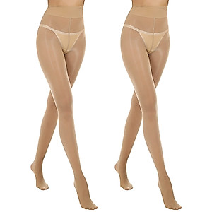 MANZI 2 Pairs Women's Shiny Sheer Tights High Waist Silk Comfort Stockings Oil Shimmery Nylons Pantyhose（Natural,S-M）