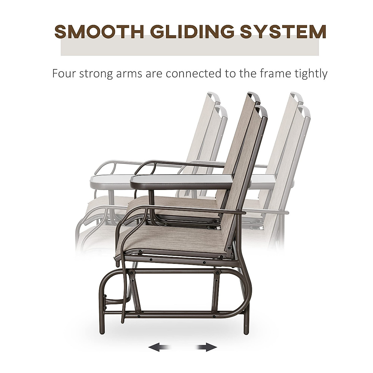 Outsunny Outdoor Glider Bench with Center Table, Metal Frame Patio Loveseat with Breathable Mesh Fabric and Armrests for Backyard Garden Porch, Brown