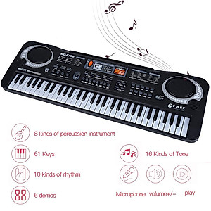 Keyboard Piano Kids 61 Key Electronic Digital Piano Musical Instrument Kit with Microphone Music Home Teaching Toys for Boy Girls (Black)