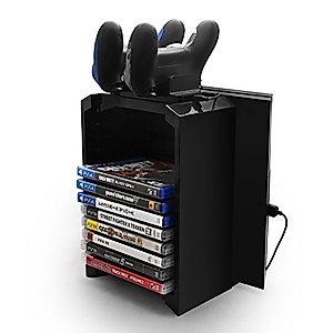 TNP Stand + Controller Charger + Game Storage Organizer - Vertical Dock Charge Charging Station for DualShock Controller, Bluray Game Case Storage Holder Tower 4-in-1 Accessories [Playstation 4]