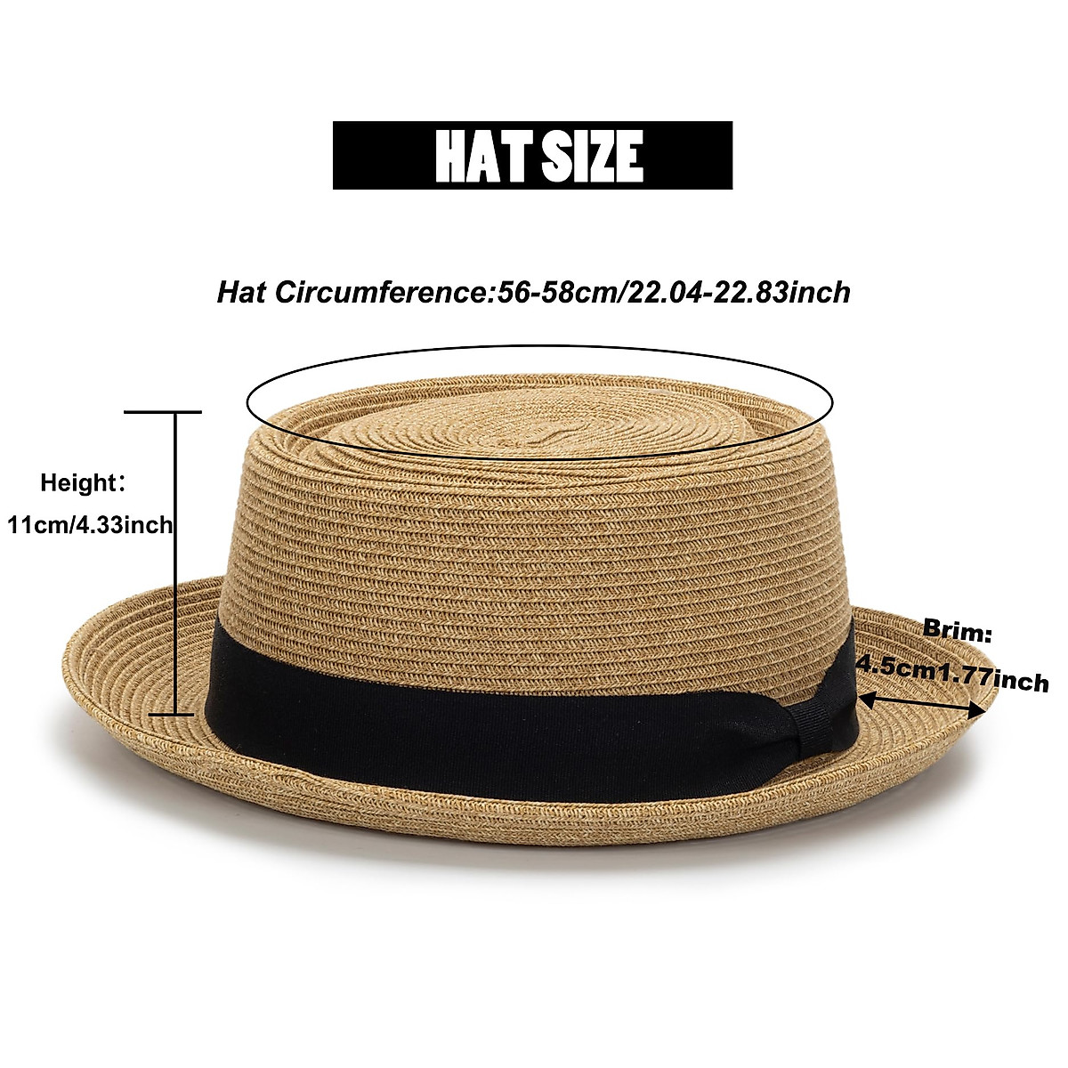 Men/Women Summer Straw Pork Pie Hat Boater Derby Fedora Sun Hats with Bowknot(S/M)