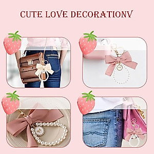 SMUOBT 2Pcs Cute Bow Keychain Wristlet for Women,Pearl Key Chains for Car Keys Pink White Bow Keychain Accessories Bag Chrams