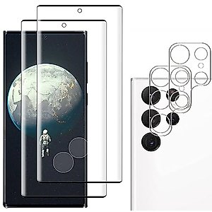 [2+2 Pack] Galaxy S23 Ultra Screen Protector, 2 Pack Tempered Glass Screen Protector +2 Pack Tempered Glass Camera Lens Protector,3D Curved,9H Tempered Glass, Ultrasonic Fingerprint Support, HD Clear Scratch Resistant for Samsung Galaxy S23 Ultra 5G Glass