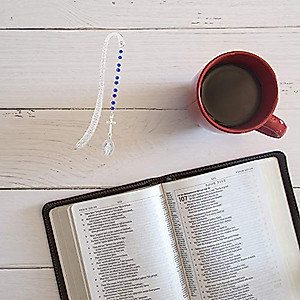 Religious Metal Bookmark with Blue Glass Beads and Crucifix Rosary Charm, Unique Gift for Readers, 4 3/4 Inch