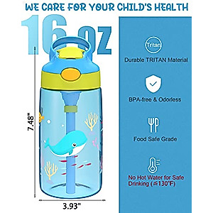 A+ Choice Kids Water Bottle with Straw & Handle - 16 oz BPA Free Kids Water Bottles, Spill Proof, Easy-Clean, Dishwasher Safe - Cute Whale Sky Blue
