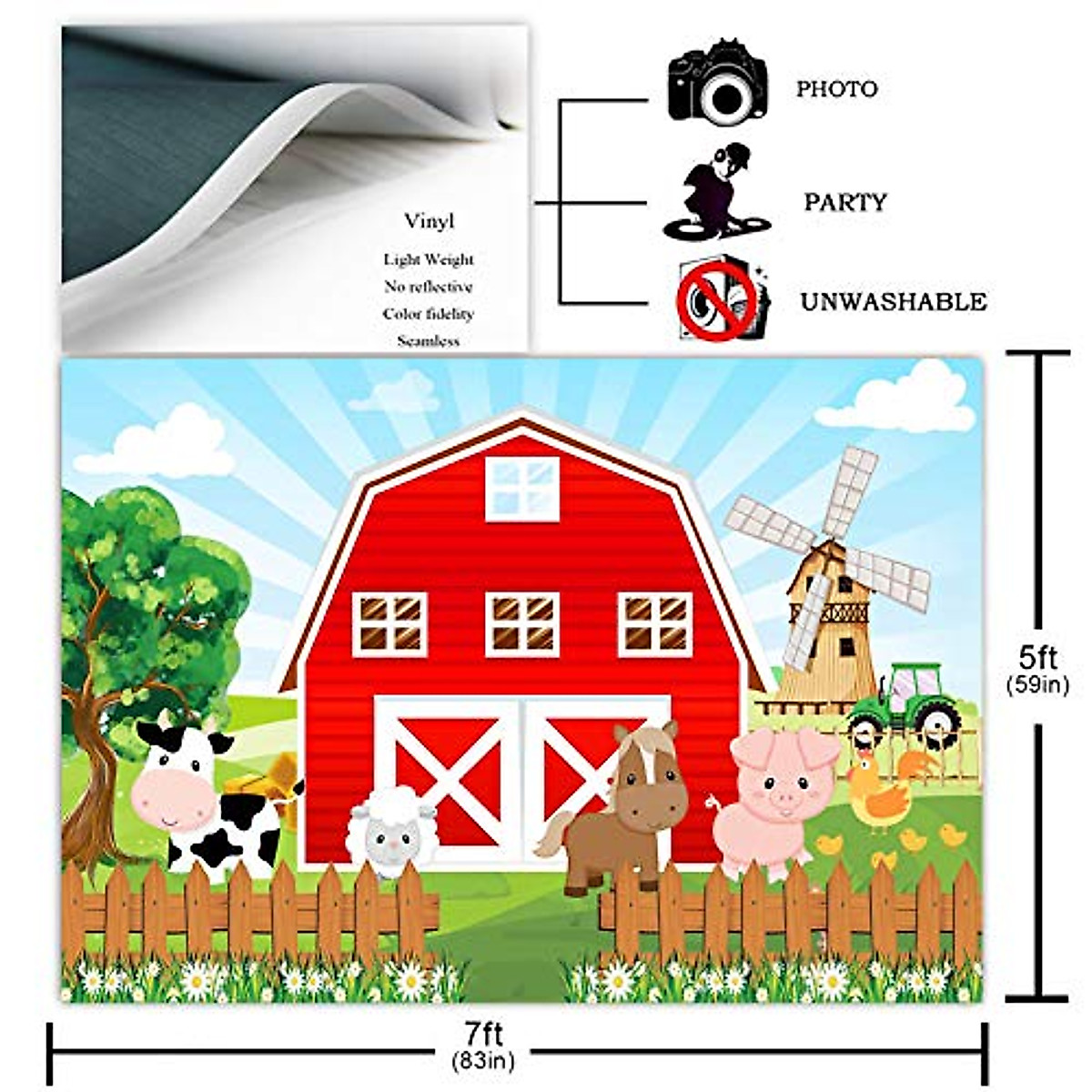 Avezano Farm Red Barn Backdrop for Kids Party Cartoon Farm Animals Birthday Party Photoshoot Photography Background Farm Theme Party Cake Table Banner Photobooth Decorations (7x5ft)