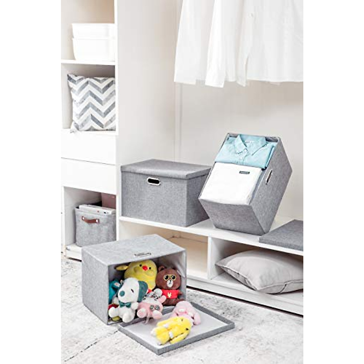 AlphaHome Large Storage Bins with Lids [3 Pack], Foldable Linen Fabric Large Storage Baskets for Organising Clothes and Toys(Glaucous Grey, Large - 15.4 x 10.6 x 9.8)