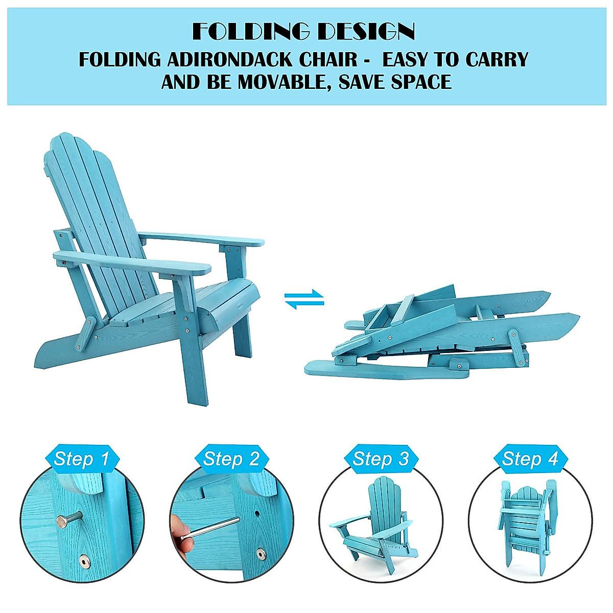 Folding Adirondack Chairs Set of 2, Outdoor Patio Weather Resistant Chair, Imitation Wood Stripes, Easy to Fold Move & Maintain, Plastic Chair for Backyard Deck, Garden & Lawn Porch - Lake Blue