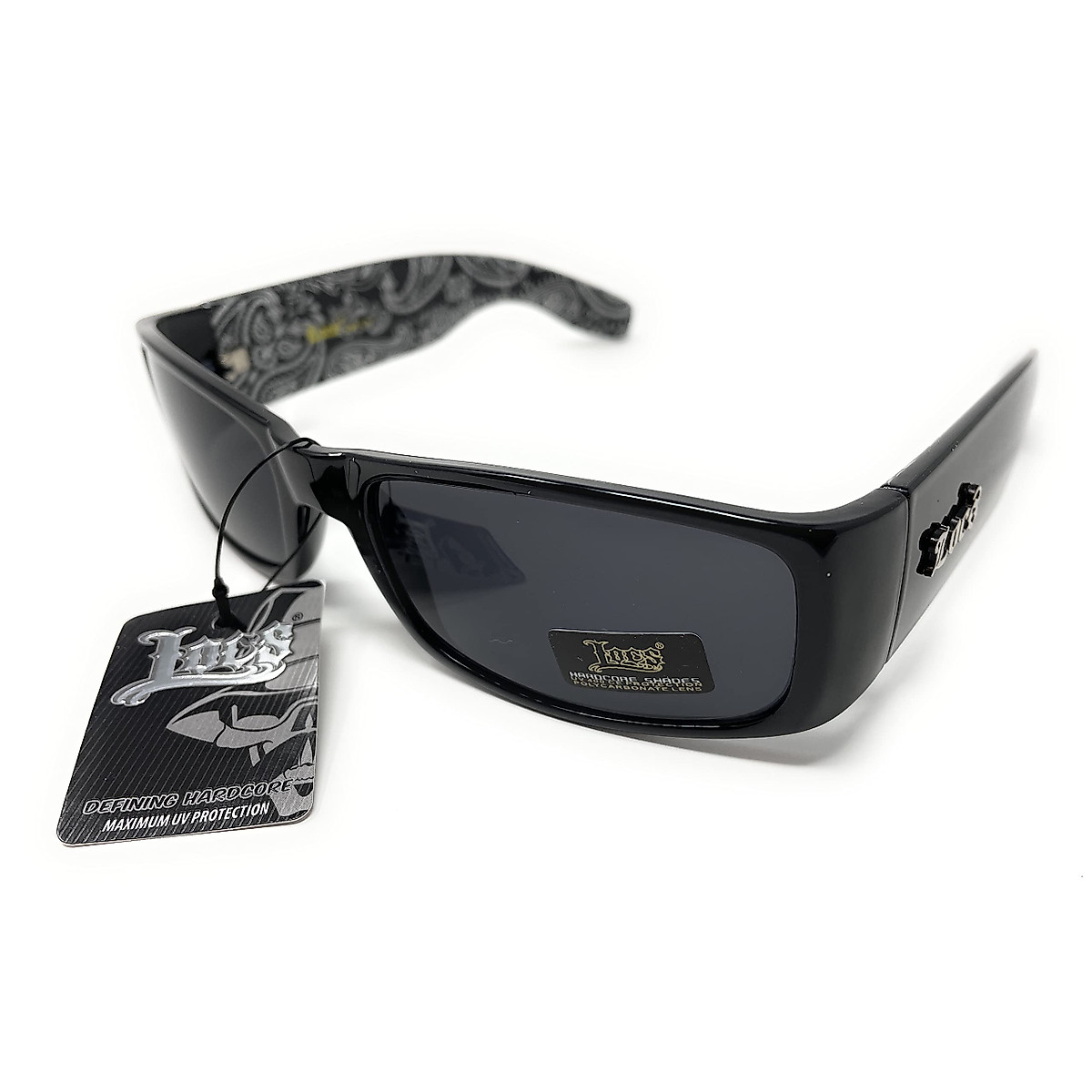 Locs Mens Hardcore Wrap Around Sunglasses with Bandana Print Inside, Black - Black Inside, Medium