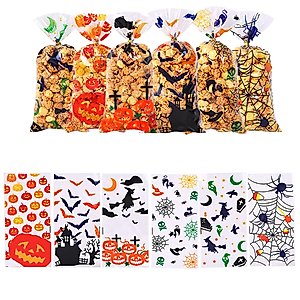 GBSAWER 50 PCS Halloween Cellophane Goodies Bags Trick or Treating Bags for Halloween Candy Party Favors Supplies