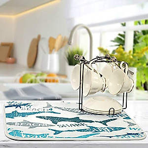 Animal Shark Ocean Dish Drying Mat 16"x18" Absorbent Machine Washable Hanging Fast Dry Pad Dish Protective Mat for Kitchen Countertop Heat Resistant Dinner Table Mat