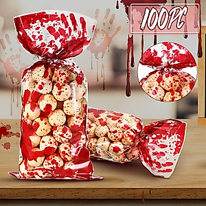 100 Pieces Halloween Bloody Treat Bags, Halloween Zombie Vampire Themed Cellophane Candy Goodie Bags with 100 Silver Twist Ties for Murder Bloody Theme Halloween Party, 10.8 x 5 Inch (White, Red)