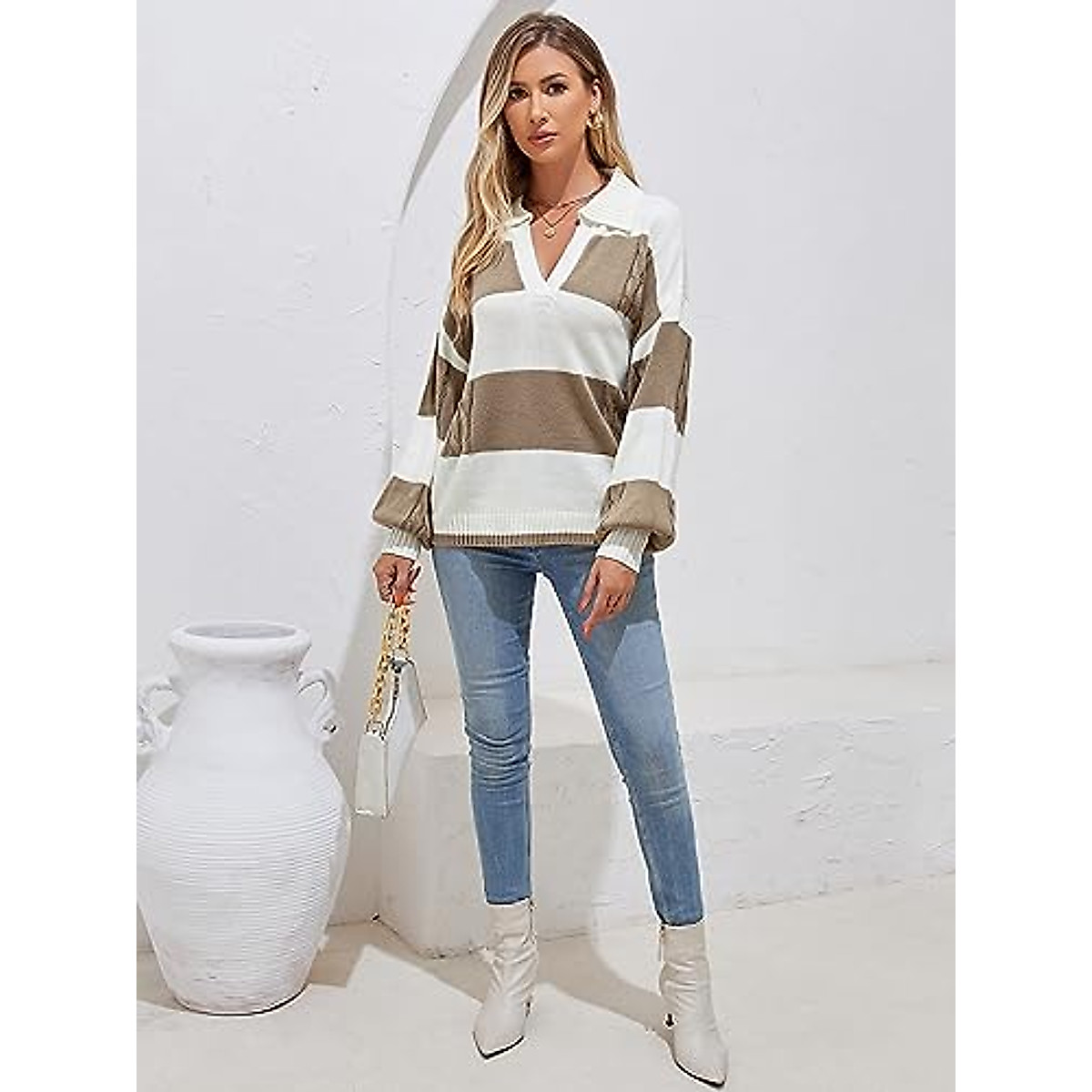 ZAFUL Women 2023 Striped V Neck Long Sleeve Sweater Fall Lapel Collar Ribbed Knit Loose Pullover Sweater Jumper Top Brown