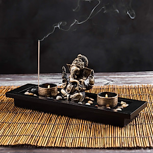 MyGift Mini Zen Garden with Ganesh Statue, Incense Stick Burner, Tealight Candle Holders, Decorative Rocks and Display Tray