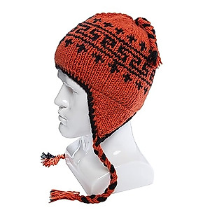 Hand Knit Sherpa Wool Hat with Micro Fleece Lining and Ear Flaps, Handmade Winter Toque, Christmas Beanie, Made in Nepal (Black and Orange)
