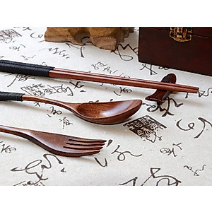 FORESTIME Japanese Wooden Chopsticks Spoon Fork Tableware 3pcs Set New Gift (1 Set, Brown)