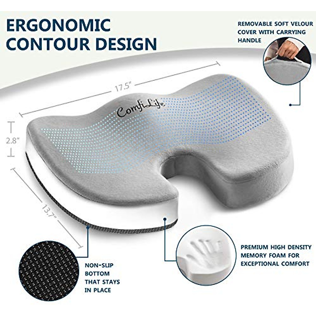ComfiLife Premium Comfort Seat Cushion - Non-Slip Orthopedic 100% Memory Foam Coccyx Cushion for Tailbone Pain - Cushion for Office Chair Car Seat - Back Pain & Sciatica Relief (Gray)