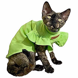 Shirts for Sphynx Cats Summer Breathable Solid Color Cotton Shirts Round Collar Pullover Kitten Shirts with Flared Sleeves Pet Clothes for Cat (Green, L（6.6-8.8lbs）)