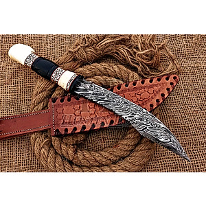 HUNTEX Unique Custom Handmade Hand-Forged Ladder Pattern Damascus Steel 12 Inch Long Full Tang Buffalo Horn Handle Razor Sharp Hunting Camping Spay Point Slicer Knife with Genuine Leather Sheath