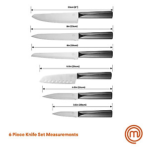 MasterChef Japanese Knife Set of 6 Kitchen Knives (Chef, Utility, Paring, Boning, Bread & Santoku) with Extra Sharp Stainless Steel Blades for Professional Cutting & Chopping, Stylish Black Handles