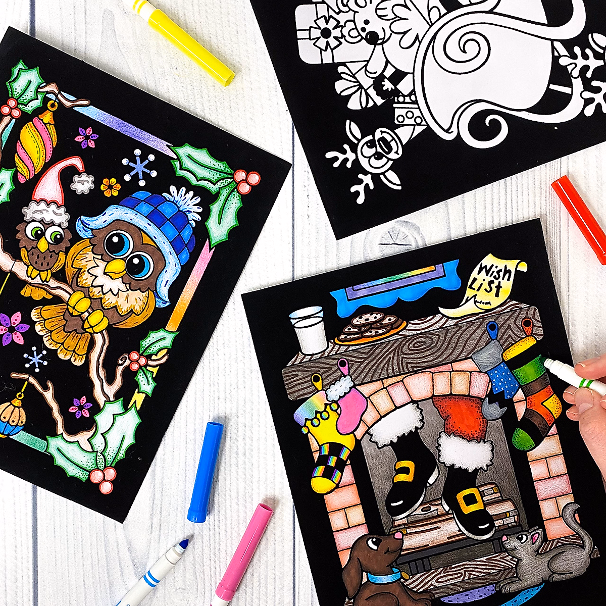 Christmas Animals Fuzzy Coloring Poster 6 Pack (Great for Holiday Activities & Family Get Togethers) - Arts and Crafts Project for Girls, Boys, Toddlers, Parents, and Teens [Santa, Sleigh, and More]