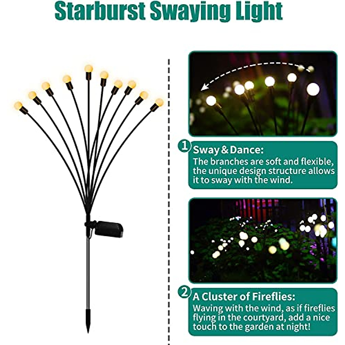 Solar Outdoor Lights 2 Pack 10leds Solar Firefly Lights Outdoor Waterproof Starburst Swaying Solar Garden Lights, Sway By Wind, Christmas Outdoor Solar Lights Decorative For Yard Pathway Warm White