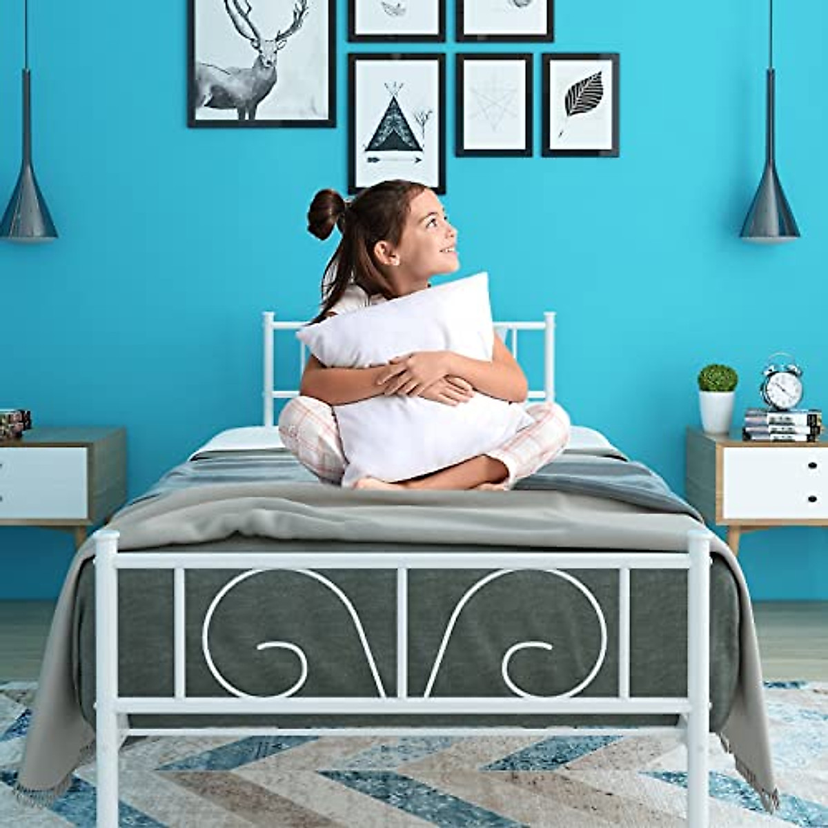 Twin Bed Frames White with Storage for Girls Boys Adults, No Box Spring Needed Single Platform Bed Duty Metal Slats Support Mattress Foundation with Headboard
