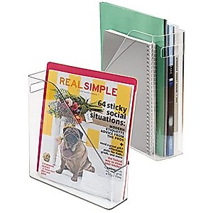 mDesign Plastic Slim Vertical File Folder Bin Storage Organizer with Handle - Hold Notebooks, Binders, Envelopes, Magazines for Home Office, Work Desktops, Ligne Collection, 2 Pack - Clear