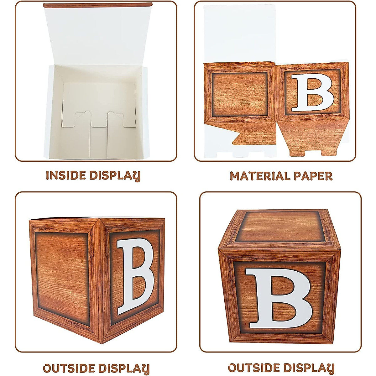 Baby Shower Boxes for Birthday Decorations – 4 Wood Grain Brown BABY Balloon Boxes, Baby Boxes for First Birthday Centerpiece Decor, Teddy Bear Baby Shower Supplies, Gender Reveal Backdrop