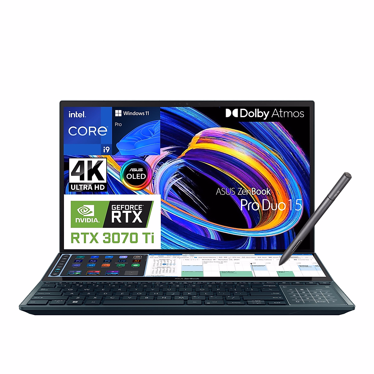 ASUS Zenbook Pro Duo 15 OLED Laptop, Intel Core i9-12900H, GeForce RTX 3070 Ti, 15.6" 4K UHD Touchscreen, 32GB LPDDR5 RAM, 1TB SSD, ScreenPad Plus, Pen, Wi-Fi 6, IR Camera, Win 11 Pro, Celestial Blue