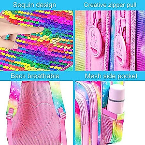 gxtvo 3PCS Girls Backpack, 16" Unicorn Rainbow Sequin Preschool Elementary Bookbag and Lunch Box
