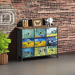 EXOTICA Van Gogh 9 Drawers Dresser Wide TV Stand Colorful Dressers & Chest of Drawers Enterway Furniture for Bedroom Living Room Hallway Closets Steel Frame Wood Top
