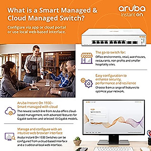 Aruba a Hewlett Packard Enterprise company HPE Networking 1930 8-Port Gb Smart-Managed Layer 2+ Ethernet Switch with PoE | 8X 1G | 2X SFP | 8X CL4 PoE 124W | US Cord (JL681A#ABA)