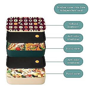 Japanese Food Sushi Pattern Adult Lunch Box with 2 Compartments & Cutlery Leak Proof Meal Prep Containers for Work Travel