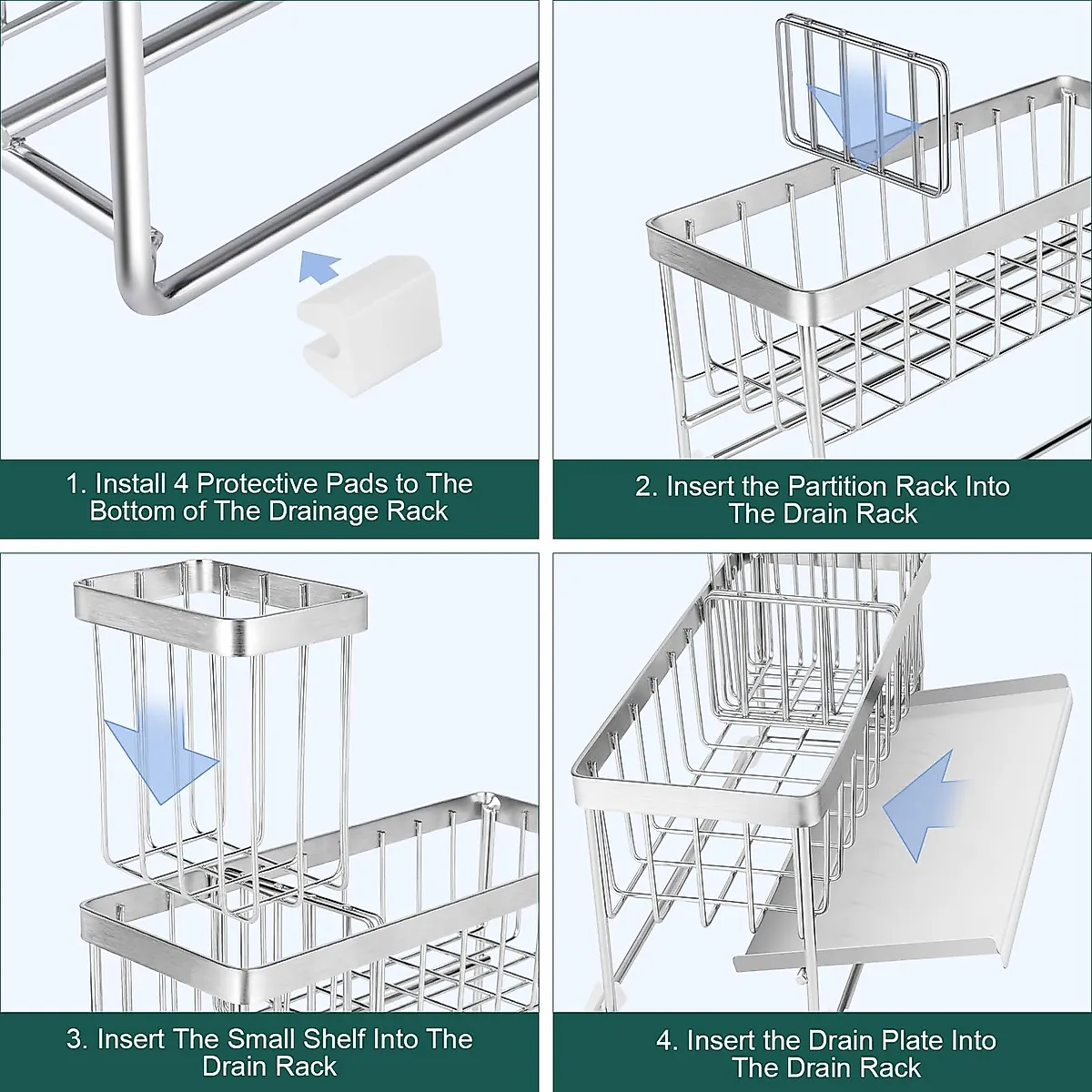 EEKEDO Kitchen Sink Caddy Organizer with Auto Drain Tray and Divider, Sponge Holder and Brush Storage for Kitchen, Rustproof Stainless Steel - Silver