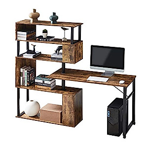 Merax, Brown L Shaped Corner Desk with Shelves and Storage, Rotating, 5-Tier Bookcase, Multi-Functional Office Workstation