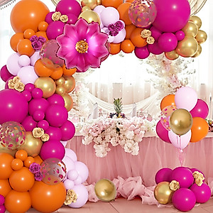 Ouddy Life 175Pcs Hot Pink and Orange Balloons Arch Garland Kit, Pink and Orange Party Decorations with Gold Balloons Foil Flowers for Women Wedding Bridal Tropical Bachelorette Birthday Decor