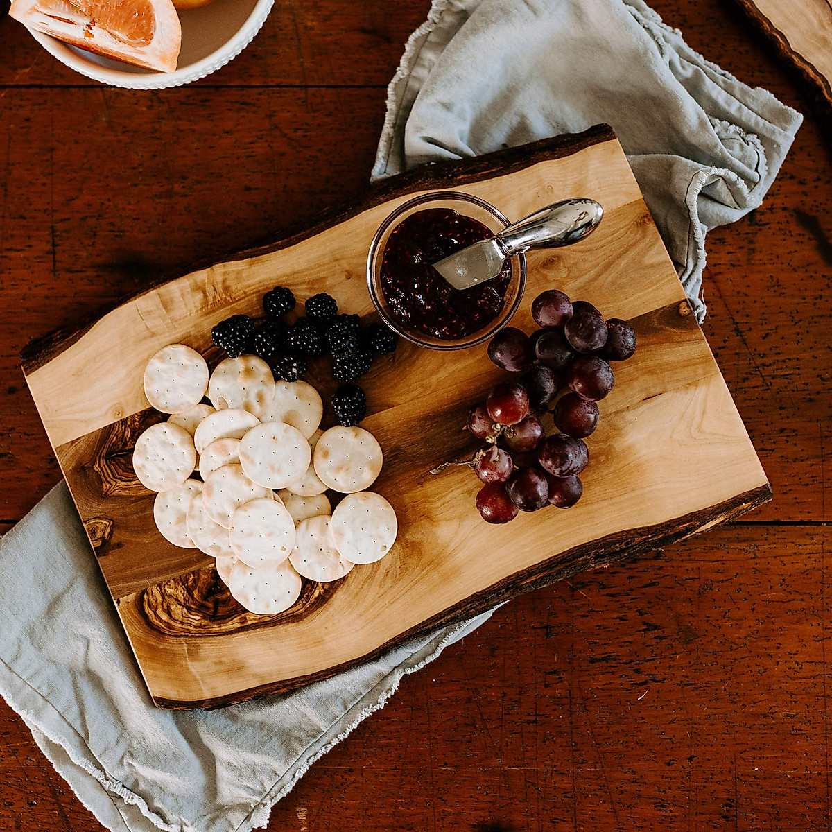 Tramanto Farmhouse Wooden Serving Board with Bark, Rustic Olive Wood Platter 15 x 10 Inch
