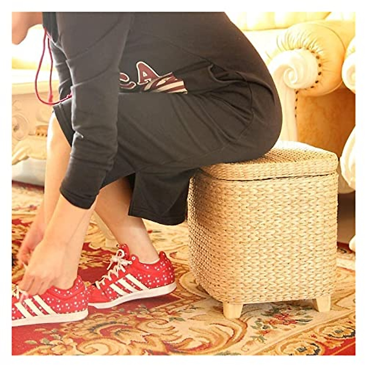 ALDEPO Shoe Cabinet Ottoman Storage Boxes Handmade Straw Solid Wood Shoe Changing Stool Multifunctional Rattan Footstool Healthy and Clean Dual Use Footstool for Home Closet Bedroom