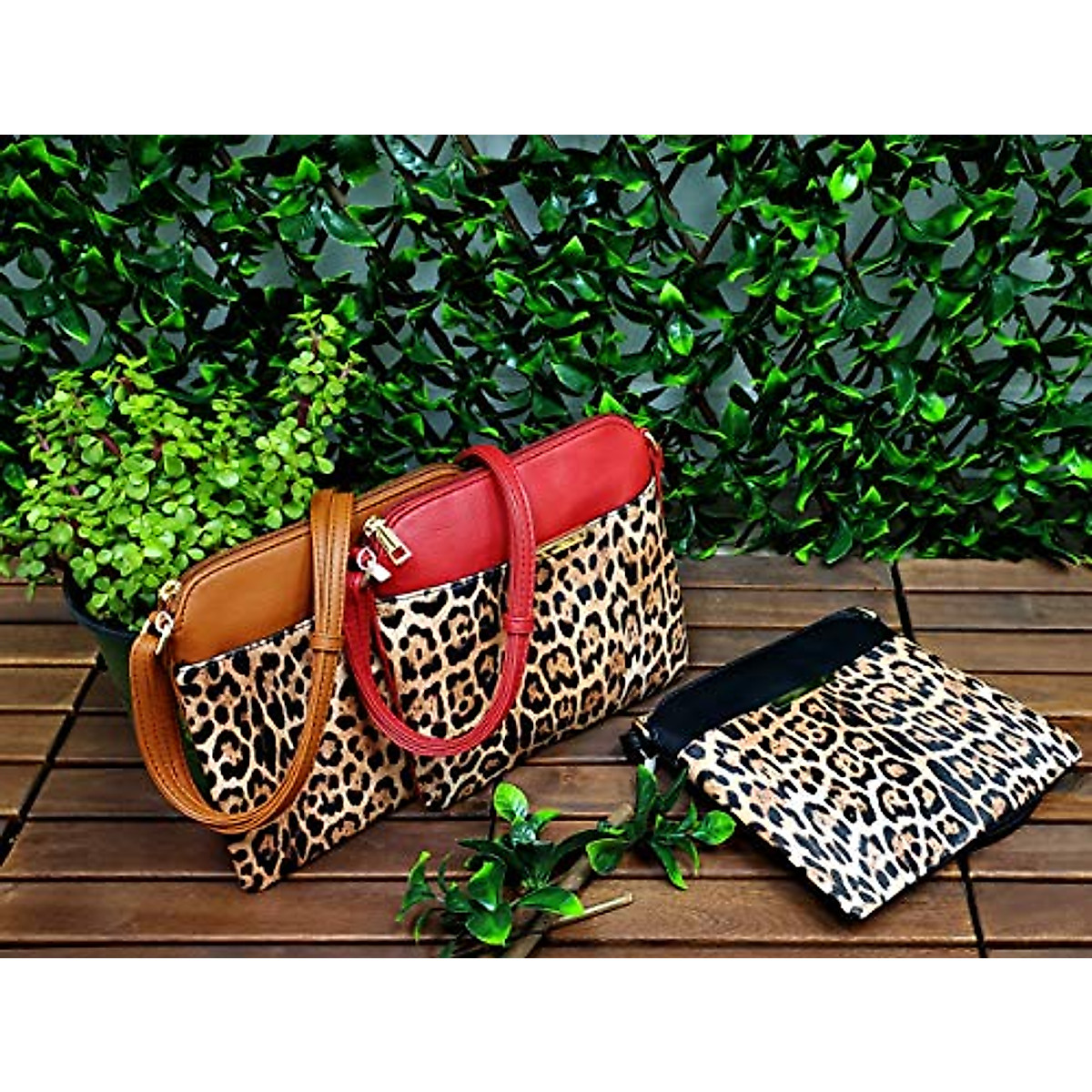 Trendeology Leopard Print Vegan Leather Tassel Accent Multi Pocket Small Medium Crossbody (1Leopard Print Pocket - Red)
