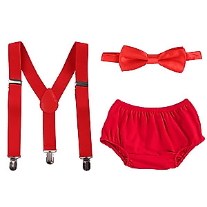 Baby Boys Cake Smash Clothes Diaper Suspenders Pants Bow Tie 3PCS Set First 1st 2nd Birthday Outfit for Photo Prop Party Red 3-24 Months