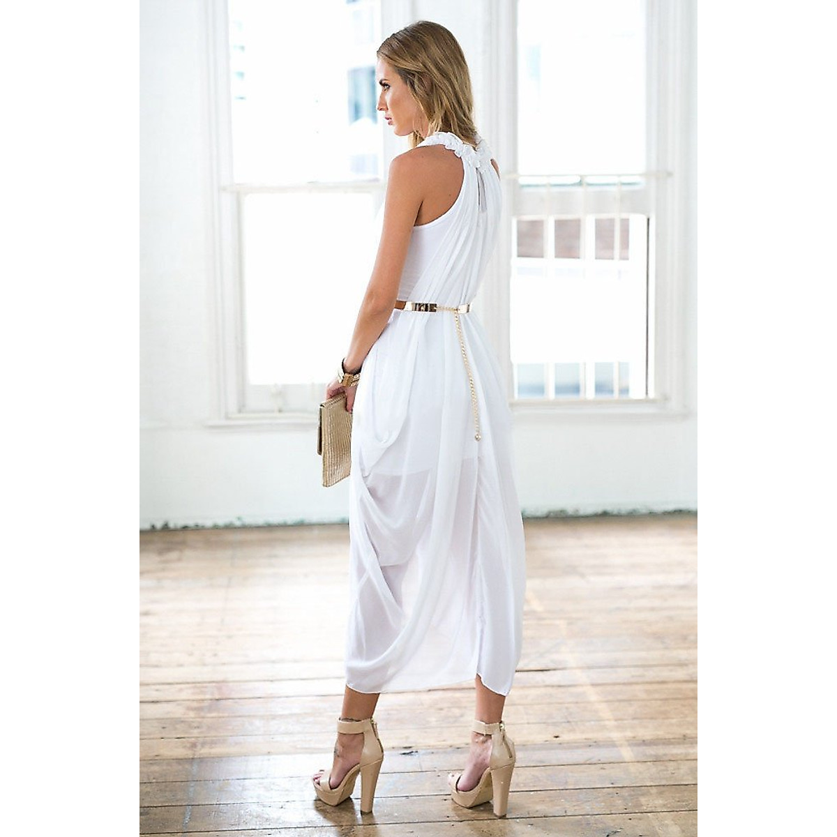 Women's Sheer Chiffon Folds Hi Low Loose Dress Delicate Gold Belt Outer Maxi Inner Mini (Large, White)