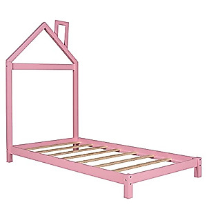 FIQHOME Twin Size Wood Platform Bed with House-Shaped Headboard,Toddler Floor Bed with Solid Wood Slats,Twin Platform Bed Frame for Girls Boys,No Box Spring Needed(Pink)
