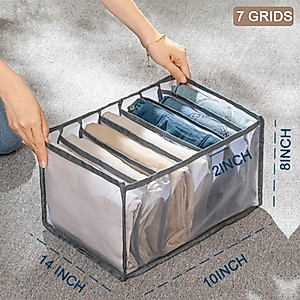 YH&GS 2PCS Wardrobe Clothes Organizer For Folded Clothes Pants,T-Shirt, Skirt, Underwear, Leggings, Kid Jeans Drawers Closet Mesh Storage Stackable 7 Grid Washable, Grey