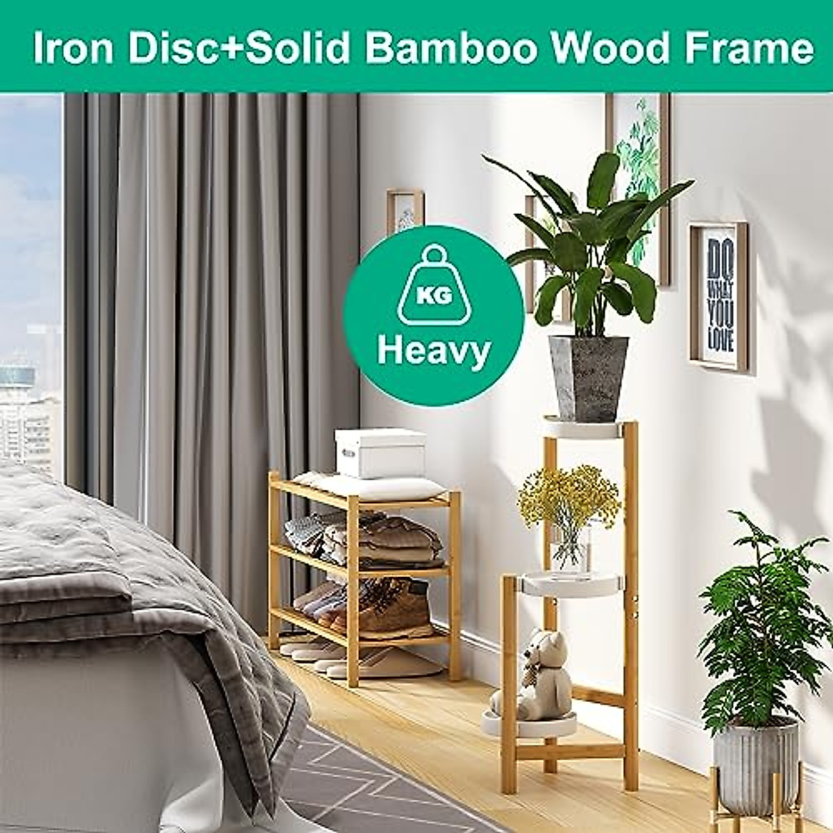 Plant Stand Indoor with Round Iron Plates, 3 Tiered Plant Stands for Indoor Plants Multiple, Bamboo Corner Plant Stand for Window Garden Balcony Living Room