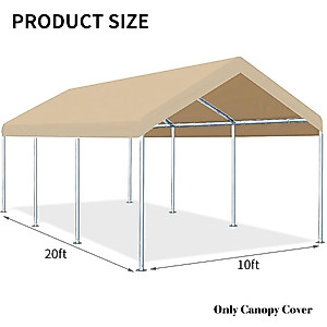 Rutile 10'x20' Carport Canopy ONLY Tent Garage Replacement Top Tarp Car Shelter Cover w/Ball Bungees Beige (Only Top Cover, Frame is not Included)
