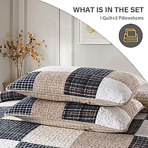 SahSahCasa Quilt King Size, King Quilt Set, 100% Cotton King Quilt Bedding Set Bedspread, Patchwork Farmhouse Quilt, Plaid Lightweight Rustic Quilts Comforter for King Bed, Beige, for All Season
