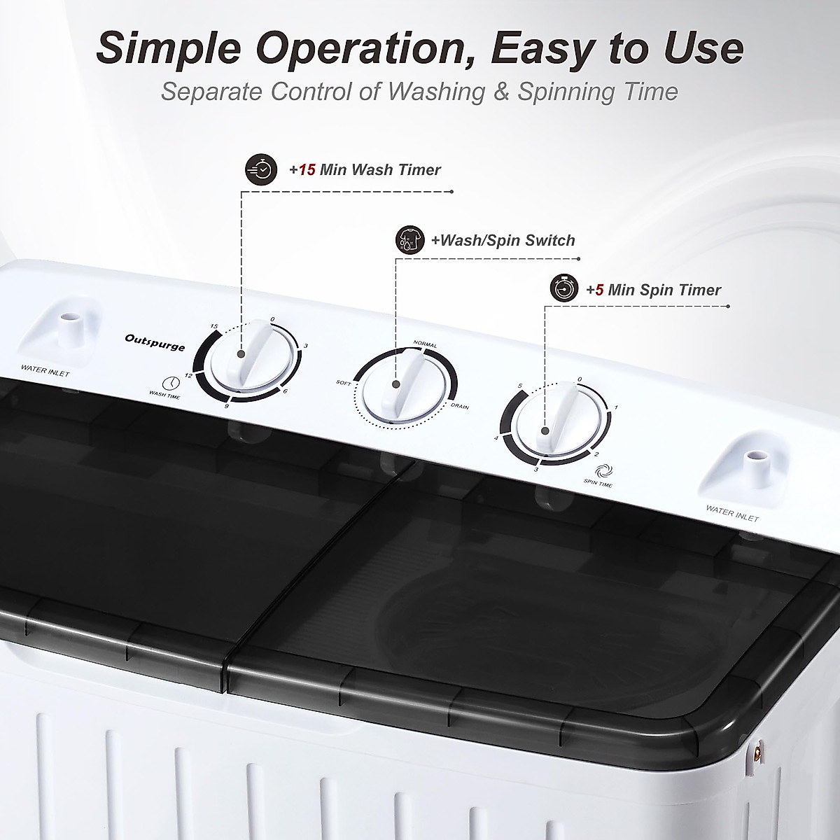 Outspurge Portable Washing Machine, 20lbs Large Capacity Washer and Dryer Combo, Washer(12lbs) & Spiner(8lbs), for RV Camping,Apartment, Dormitory, Home, Black