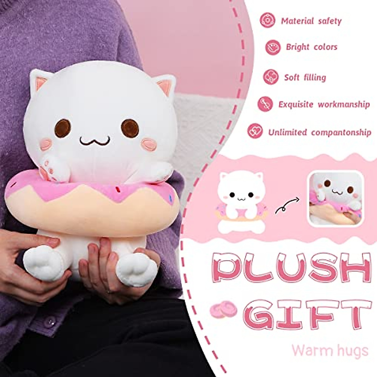 AIXINI Cute Plush Donut Cat Stuffed Animal, Super Soft Kawaii Cat Kitten Plushies for Kids 10inch (White,A)