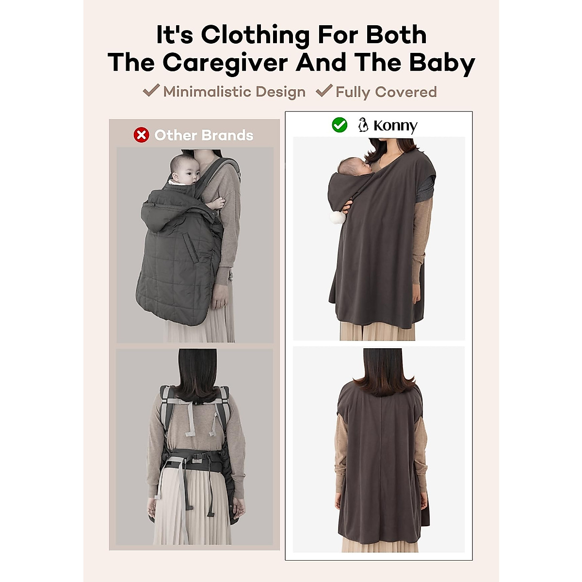 Konny Baby Carrier Winter Cover, Maternity Baby Carrier Hoodie, Women's Fleece Jacket, Maternity Coat, Nursing Hoodie Vest (Charcoal, Free Size)